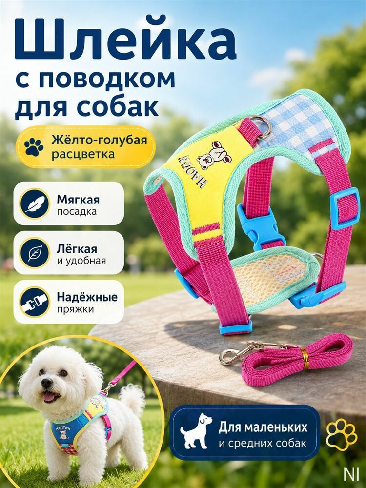 Шлейка NI с поводком, желто-голубая расцветка, мягкая посадка, для маленьких и средних собак
