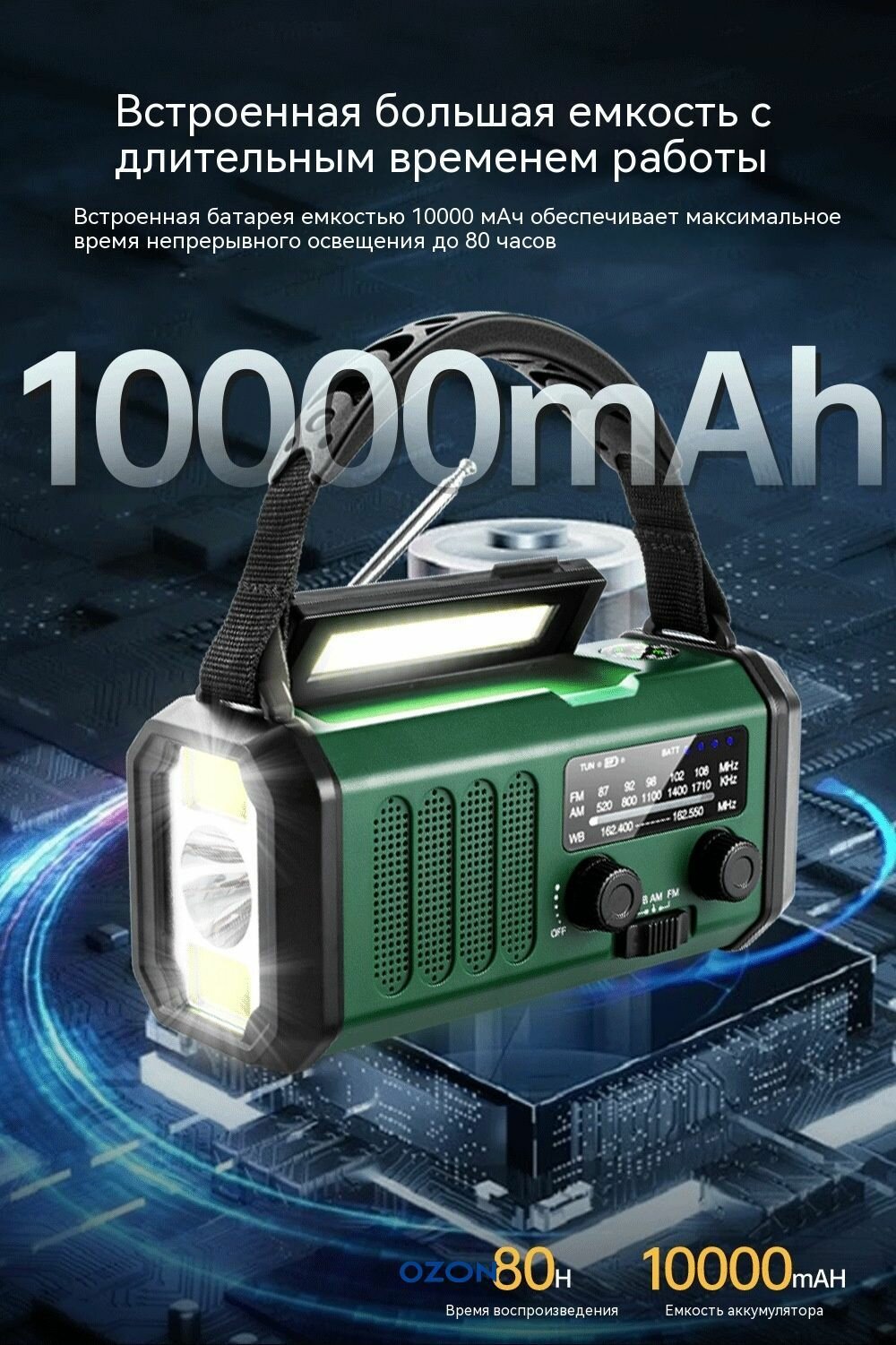 Динамофонарь с ручным генератором, 10000 мАч, красный, с радио и LED фонарём — фото 1