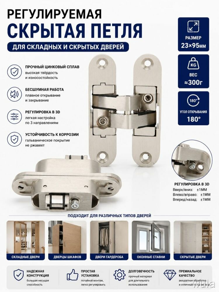Трехмерная регулируемая скрытая петля для скрытых и складывающихся дверей (23мм*95мм)
