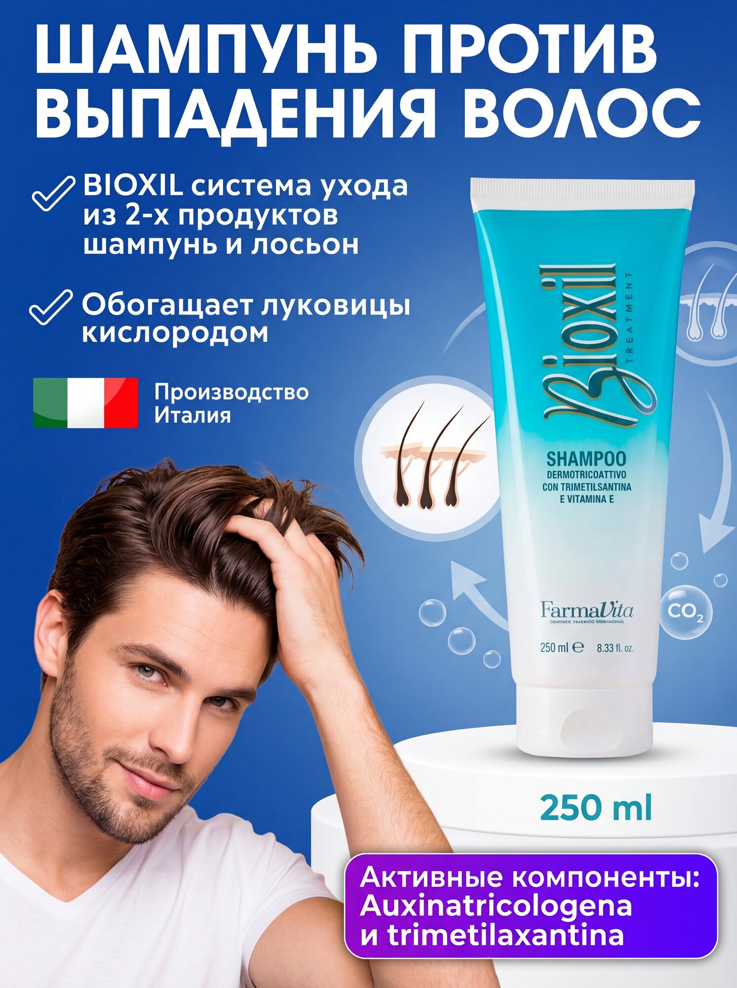FARMAVITA / Шампунь против выпадения волос, способствует нормальному росту, BIOXIL SHAMPOO 250 мл