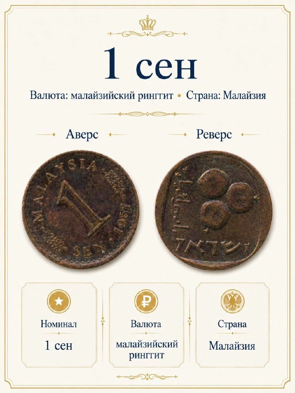 1 сен Малайзия коллекционная монета