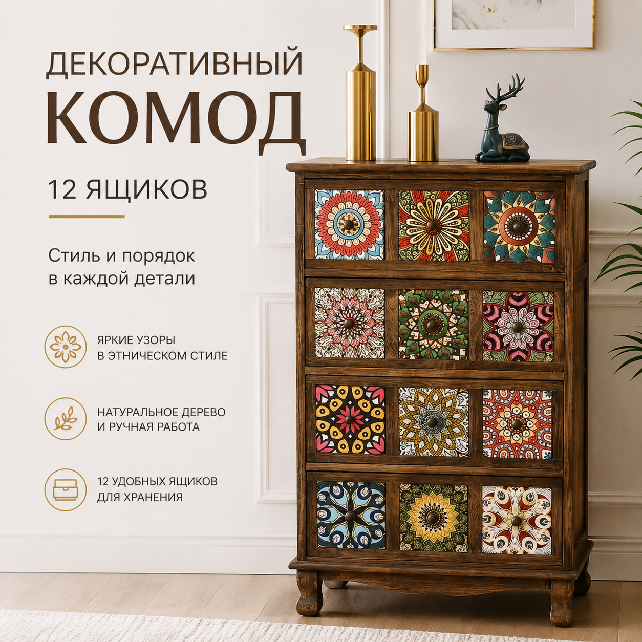 Деревянный комод 12 ящиков в стиле бохо, состаренное коричневое покрытие, декоративные плиточные узоры на ящиках