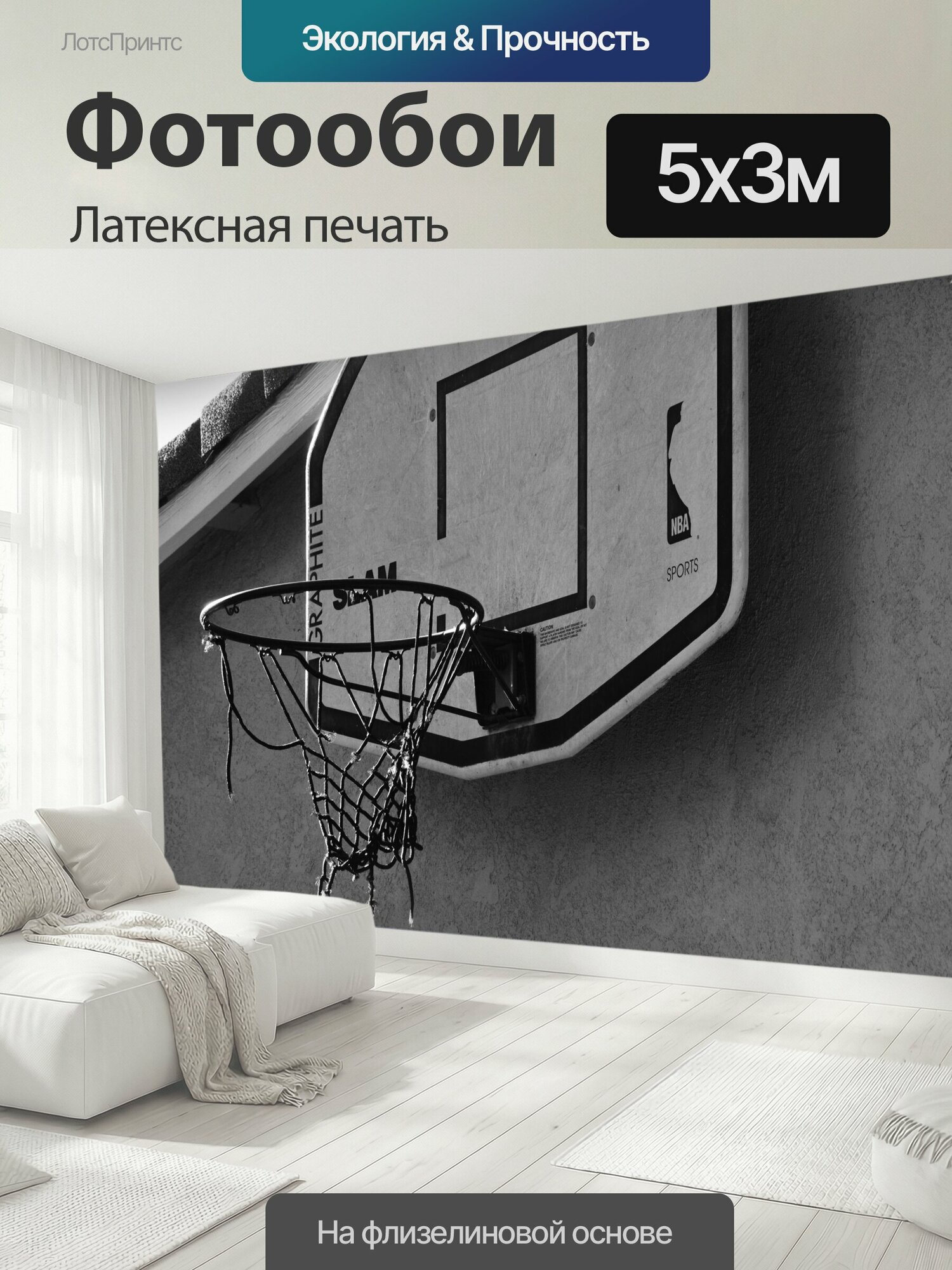 Фотообои моющиеся ударопрочные "Износ Баскетбол Хооп Баскетбольное кольцо на крючок над гаражом с рваными сети. Обруч, который видел много часов." 500x300 см. латексная печать