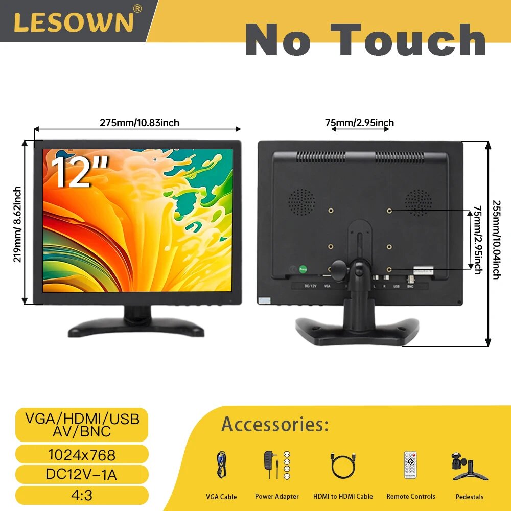 Промышленный дисплей LESOWN 12 дюймов IPS LCD No Touch, Европейская вилка (EU Plug)