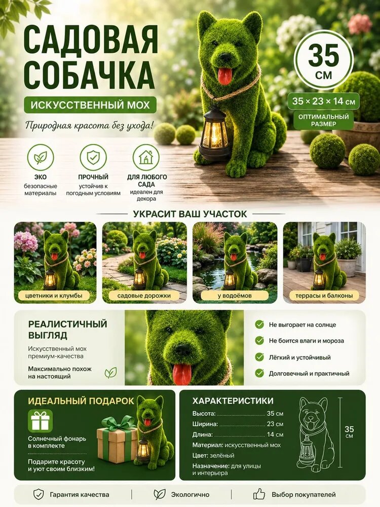 Садовая декоративная собачка с солнечным фонарём, 35 × 23 × 14 см — фото 1
