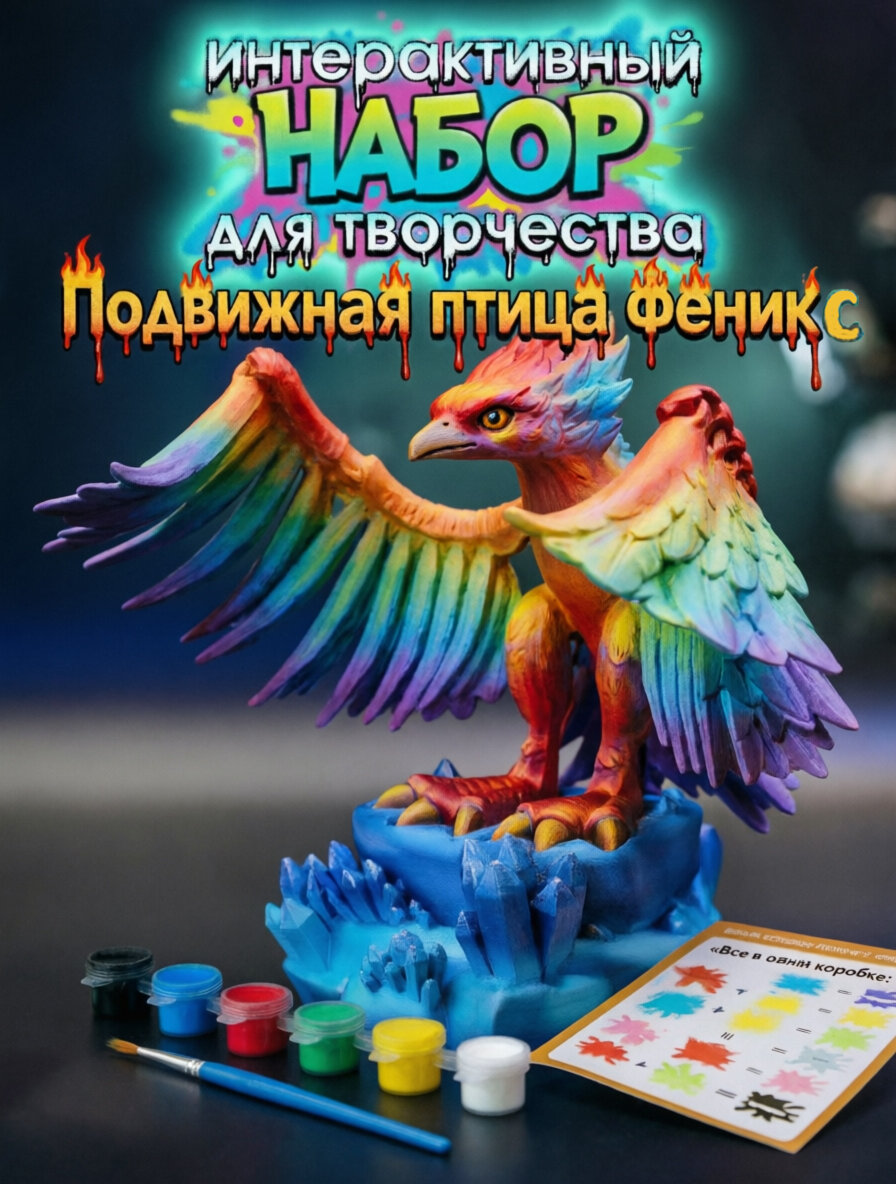 Набор для творчества Птица Феникс: фигурка 21см для раскрашивания с акриловыми красками и кисточкой