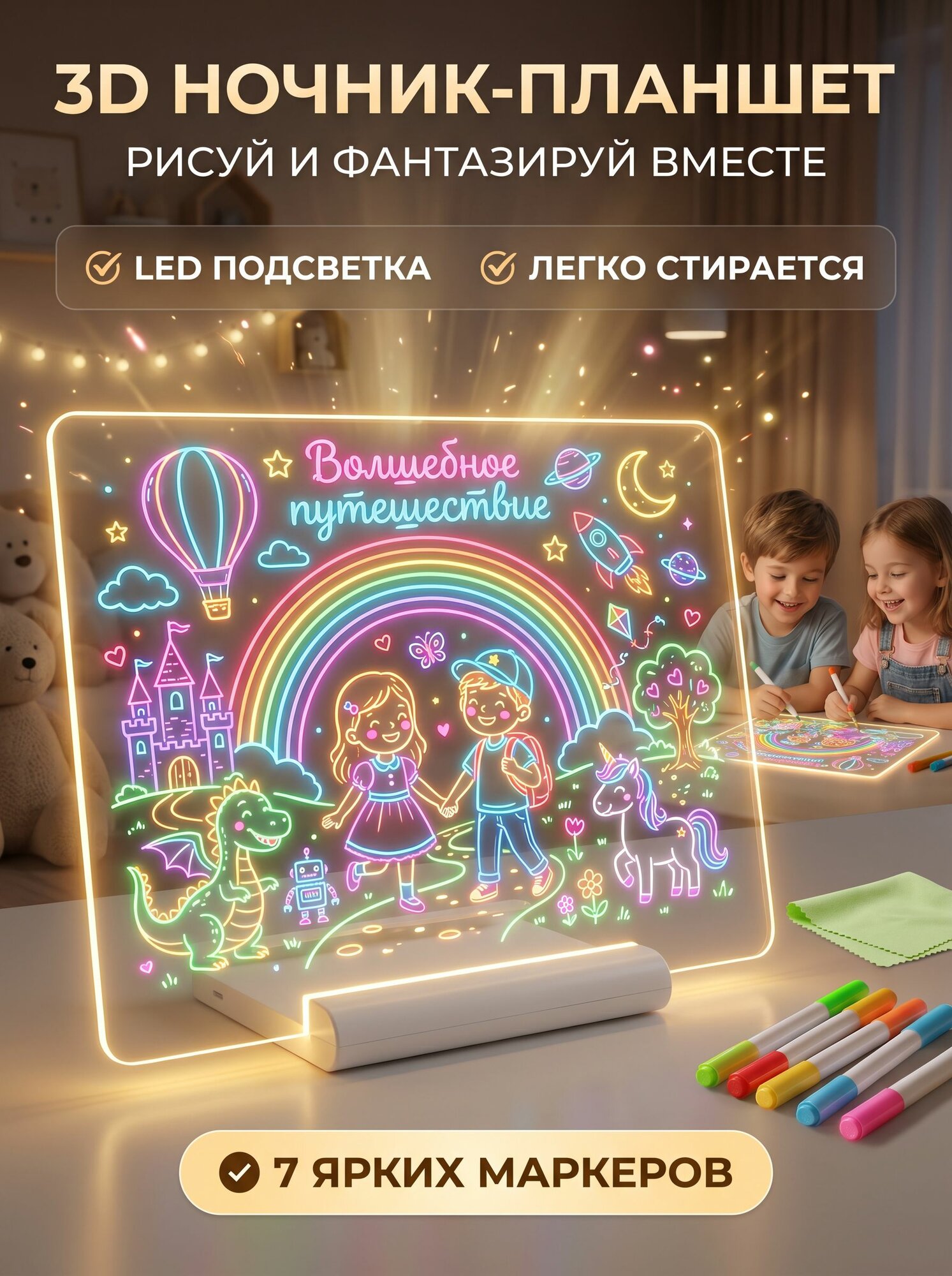 3D ночник планшет для рисования с LED-подсветкой с маркерами в комплекте
