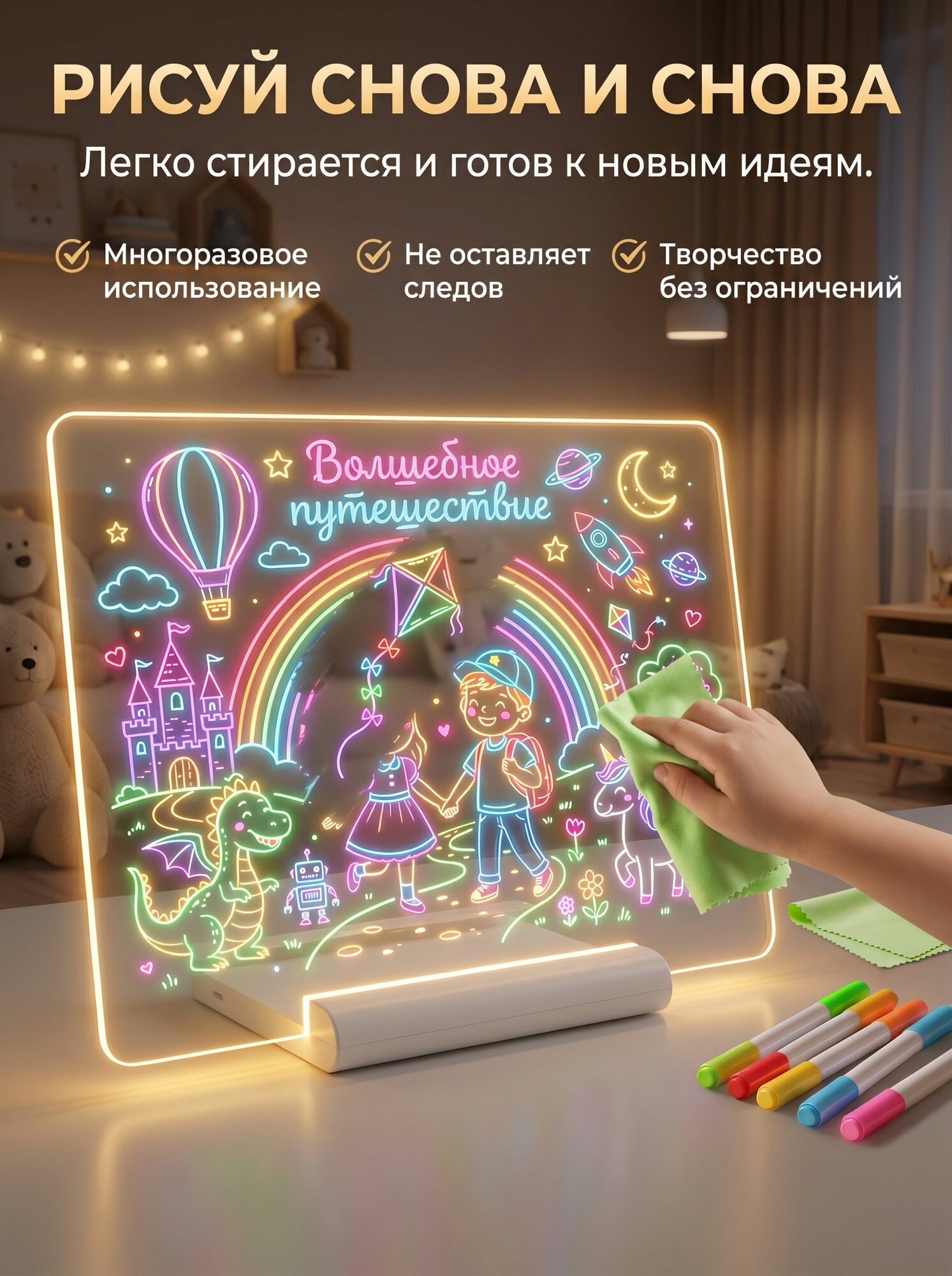 3D ночник планшет для рисования с LED-подсветкой с маркерами в комплекте — фото 1