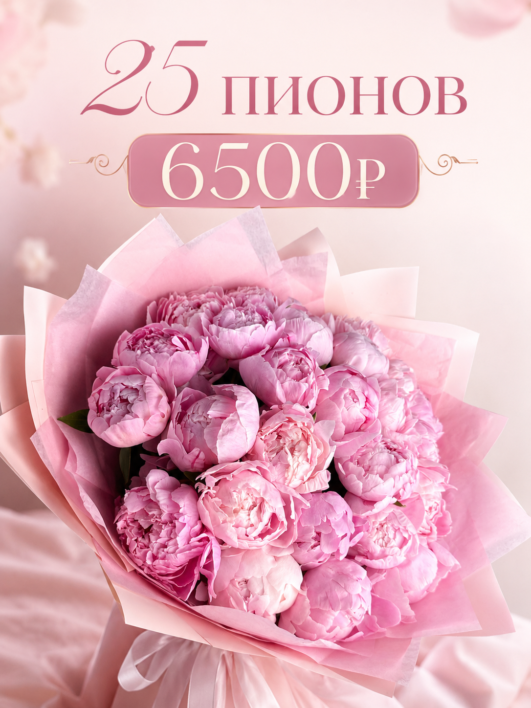 Монобукет 101 пион, пионы Сара Бернар, 25 штук, нежно-розовый, доставка по Москве