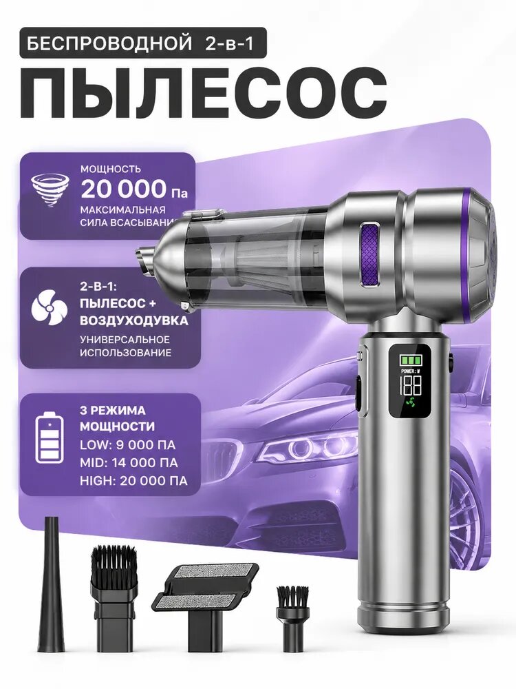 Бесщеточный автомобильный пылесос 20000 Па, 80000 об/мин. Мощный мотор 100 Вт, 2 в 1 для авто и дома