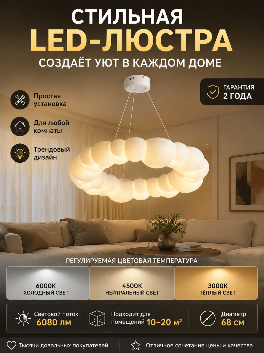Современная белая люстра в форме облака