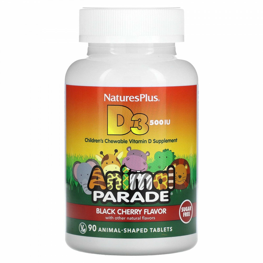 Nature's Plus, Animal Parade, Витамин D3 500 ME со вкусом черешни без сахара, 90 жевательных таблеток