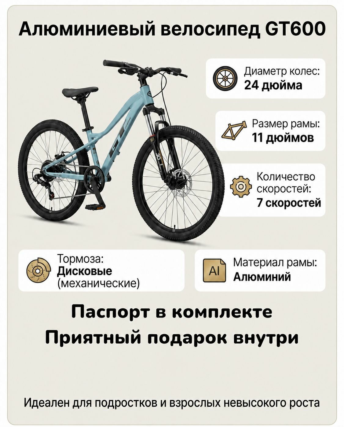 Велосипед подростковый горный TIMETRY, GT600, 24, Рама 11, синий