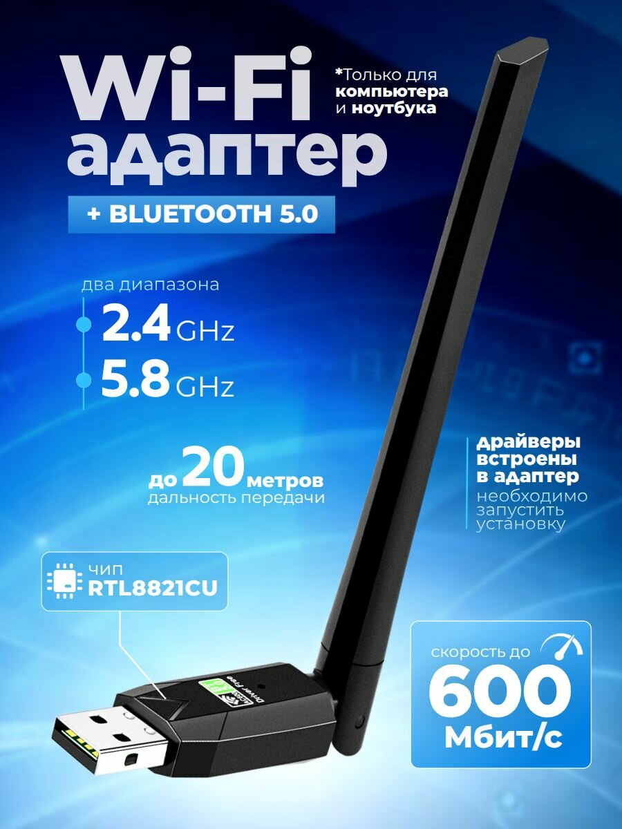 Двухчастотный сетевой адаптер Wi-Fi 5G и Bluetooth 5.0 для компьютера и ноутбука 2 в 1