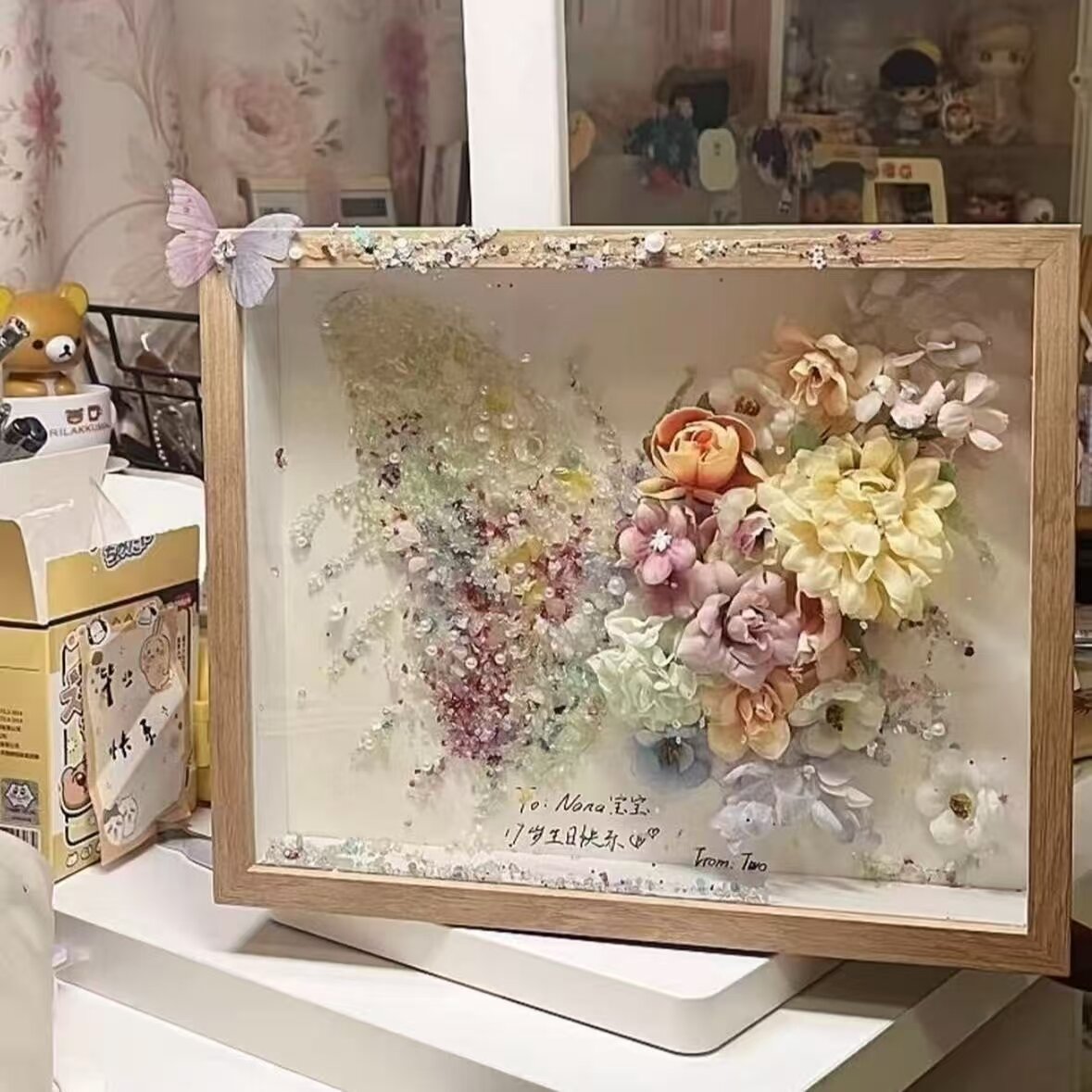 Набор для творчества DIY: рамка с бабочкой из кристаллической крошки и искусственными цветами