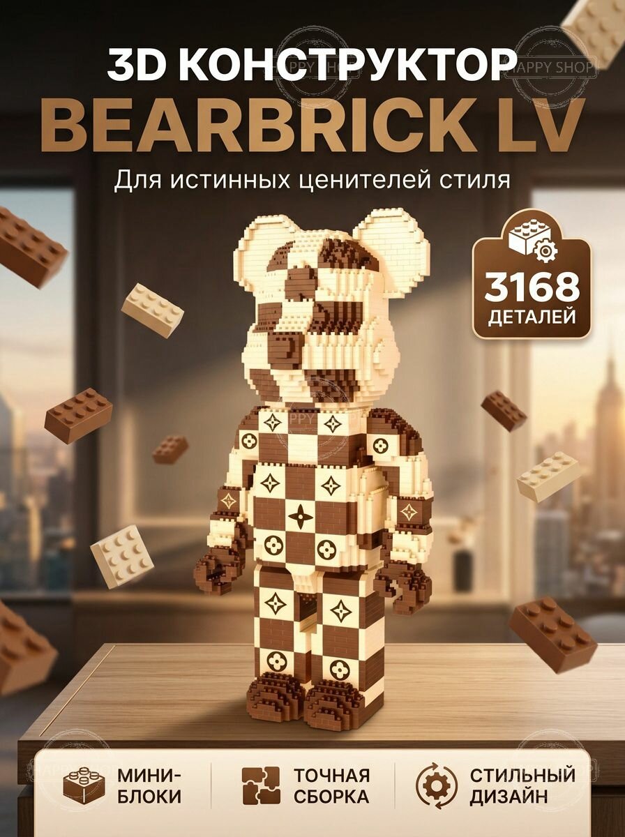 Пиксельный конструктор Bearbrick Брендовый Медведь 3168 деталей, 3D конструктор из миниблоков