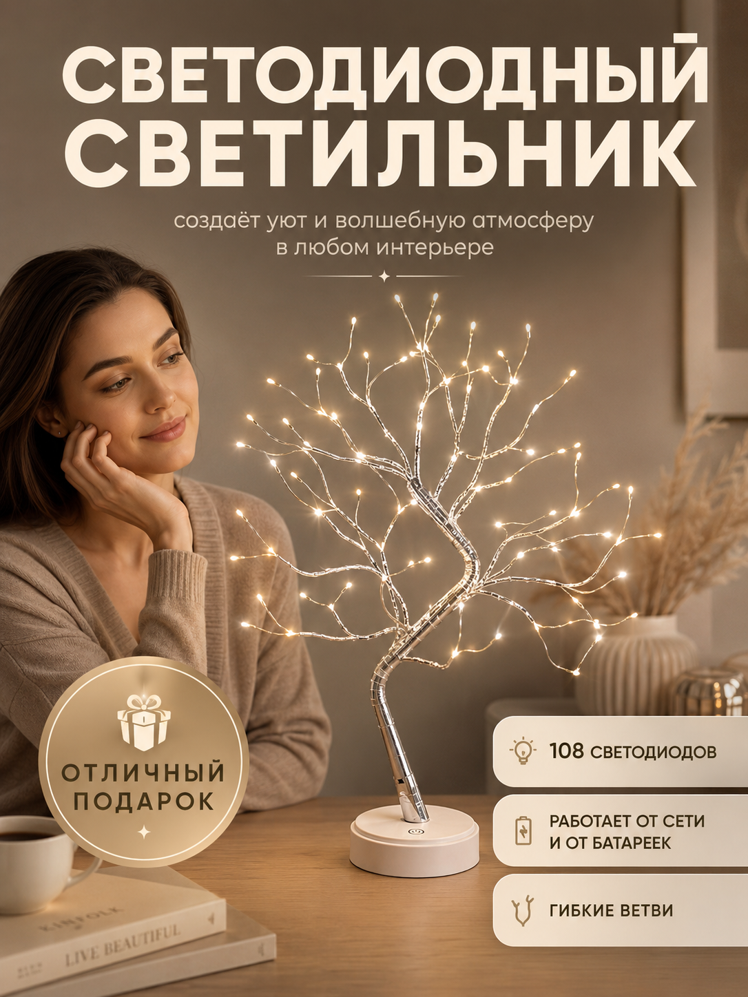 Светильник настольный Cветодиодное дерево, Cветильник ночник Дерево светодиодный, Теплый свет