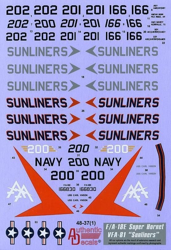 Декаль F/A-18E Super Hornet эскадрильи VFA-81 "Sunliners" 1/48 Authentic Decals AD4837