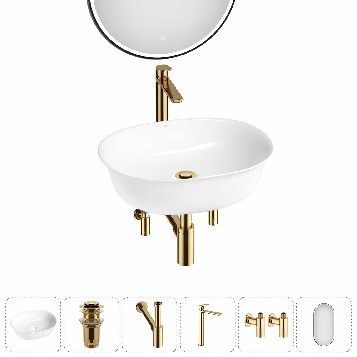 Накладная раковина для ванной 50 см Wellsee Brillant iCon 20218725R в наборе 6 в 1: раковина (белый глянец), донный клапан, сифон, смеситель, вентили 2 шт, зеркало (цвет набора золото)