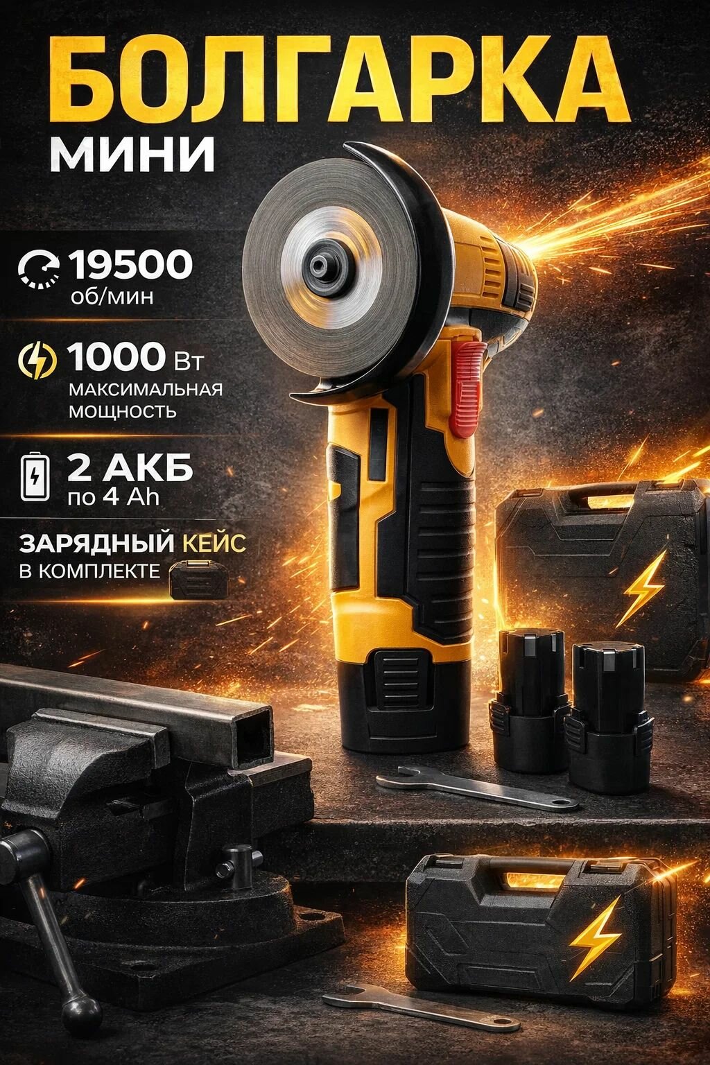 Аккумуляторная мини болгарка. УШМ с 2 АКБ, диск 76 мм