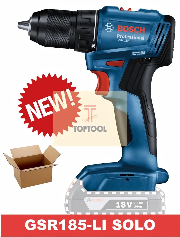 Дрель-шуруповерт Bosch GSR 185-LI Solo , От аккумулятора, 18 В, Бесщеточный,50 Нм, 0 АКБ