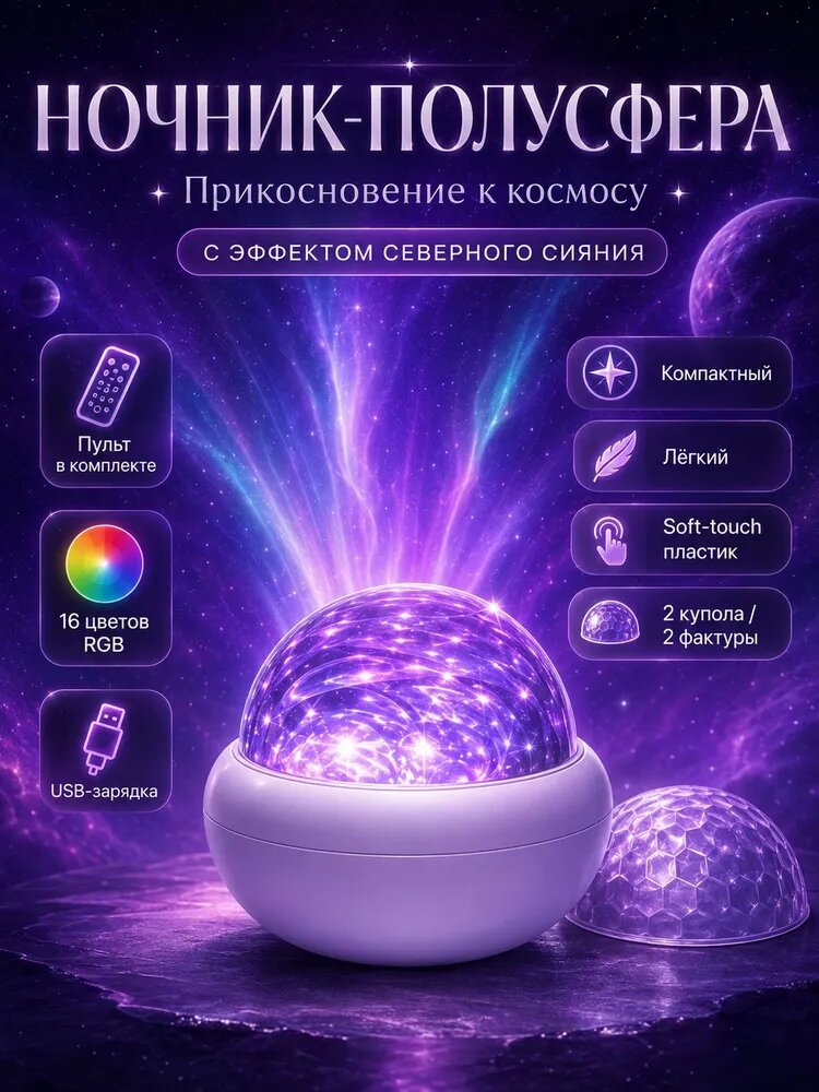 Ночник "Прикосновение к космосу" с двумя насадками. с эффектом северного сияния, 16 режимов RGB, USB подключение.