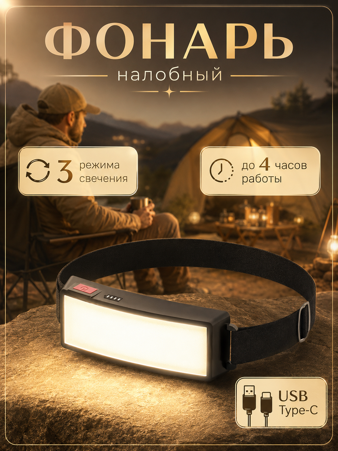 Фонарь налобный аккумуляторный с USB-C, 3 режима, до 4 часов, черный