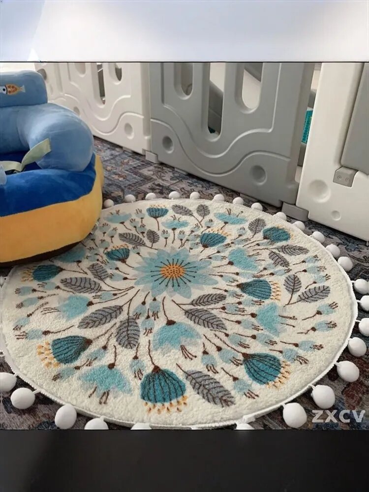 Коврик прикроватный круглый 120x120 см, полиэстер FR, синий, рисунок с цветами