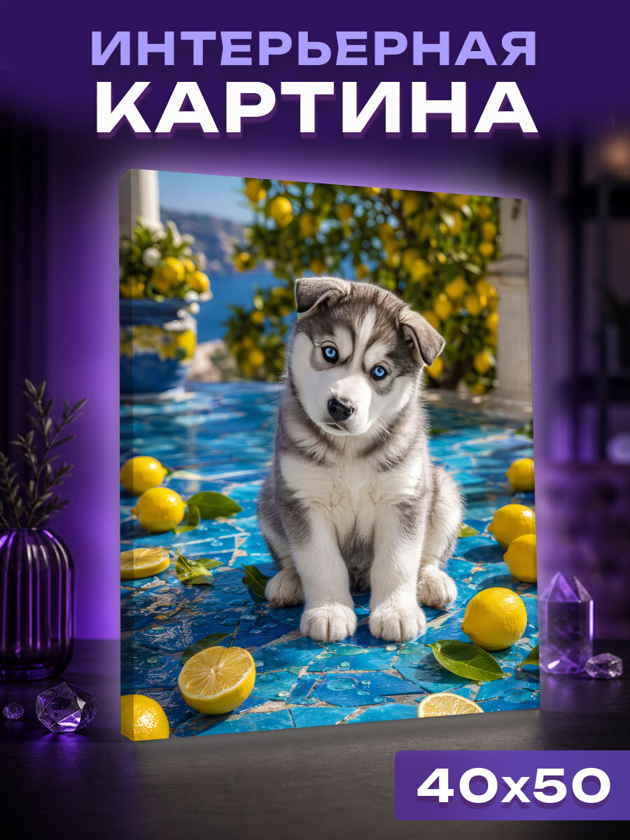 Интерьерная картина Щенок хаски на веранде среди лимонов
