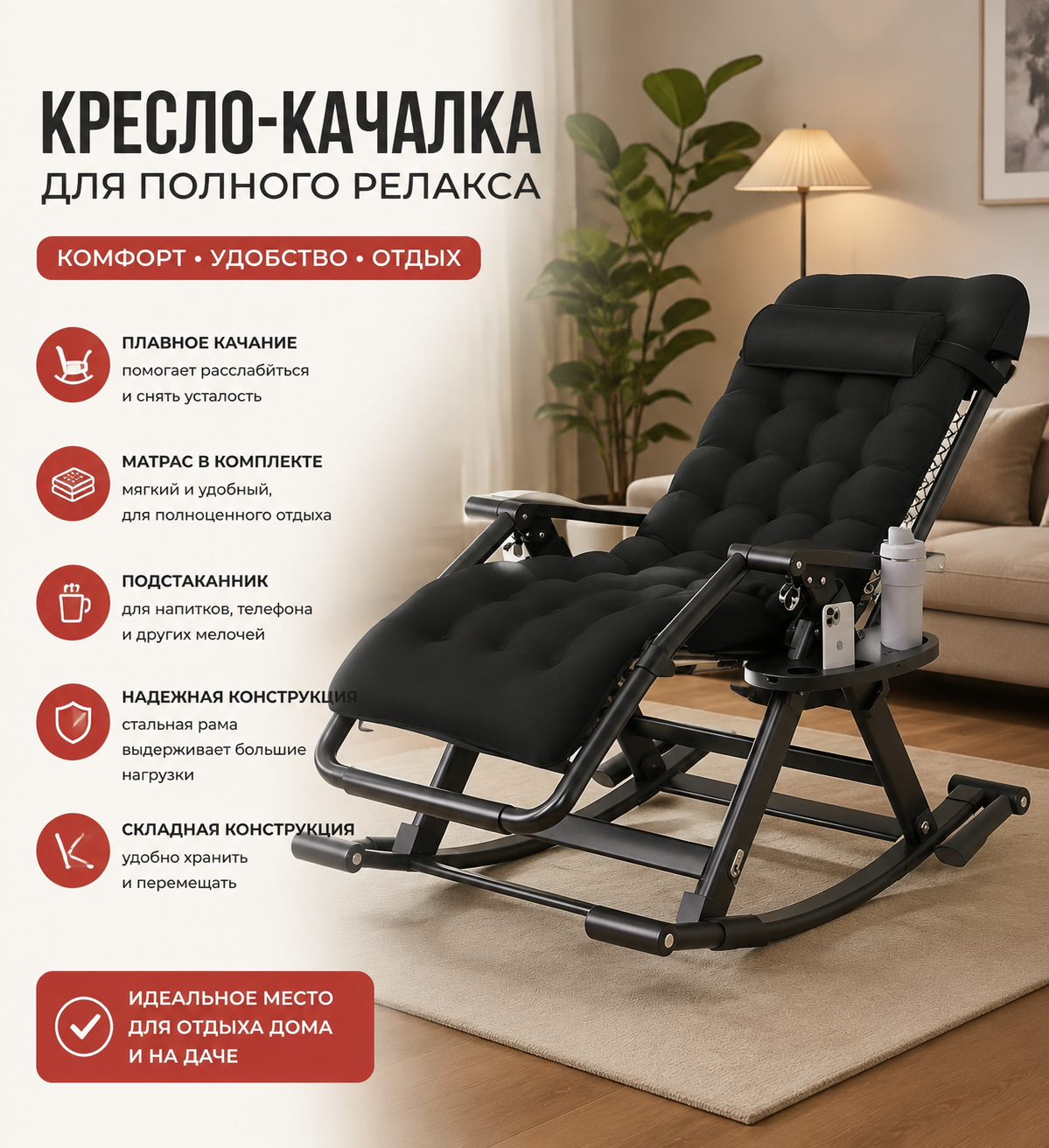 Складное кресло-качалка с регулируемой спинкой, мягким матрасом и подстаканником для отдыха, 70х53х118 см