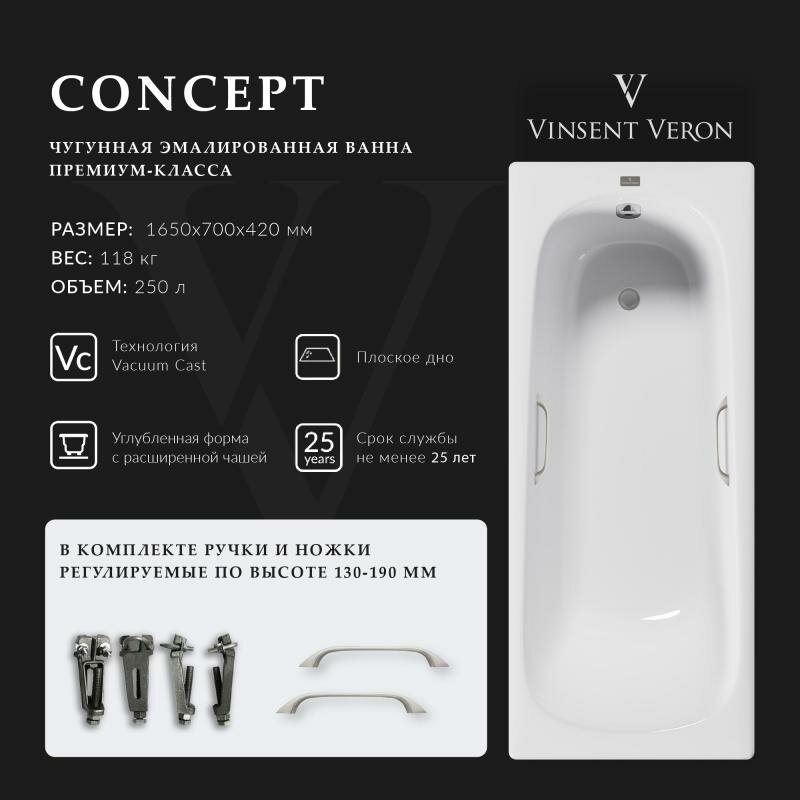 Vinsent Veron Чугунная ванна Concept 165x70x42 с квадратными ручками цвет никель VCO1657042H/VH0015NI Vinsent Veron