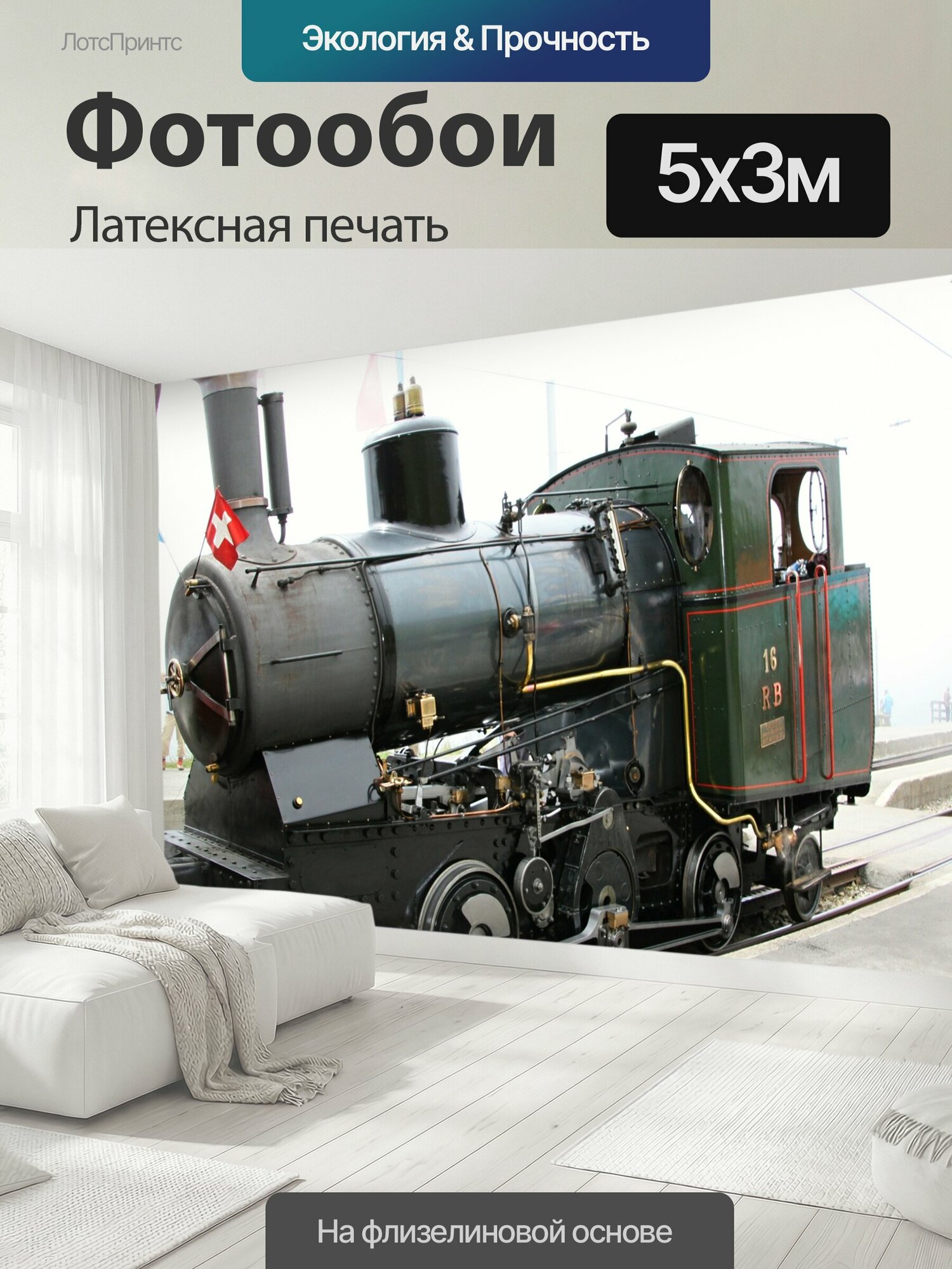 Фотообои моющиеся ударопрочные "Паровоз, железная дорога, украл" 500x300 см. латексная печать