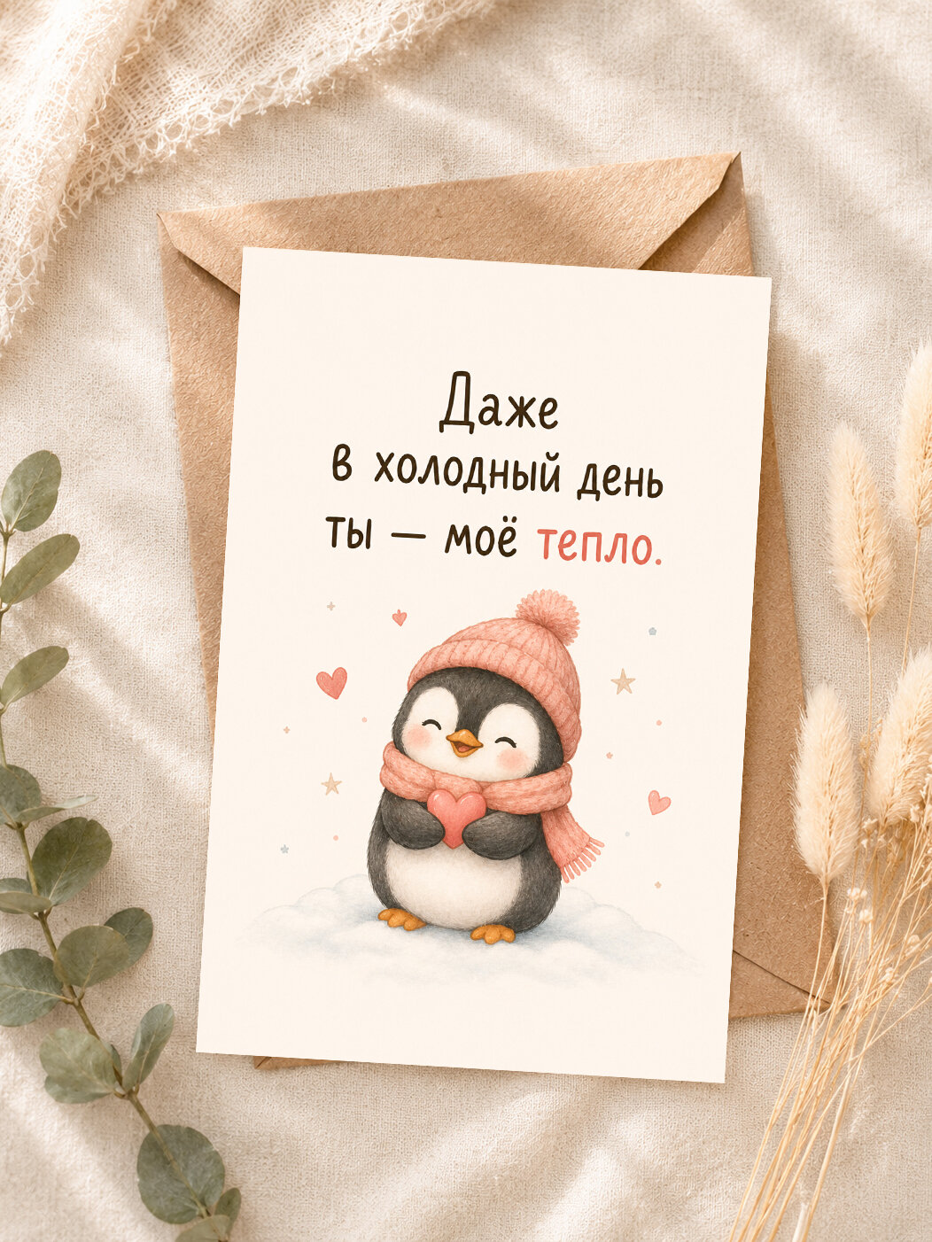 Открытка "Даже в холодный день ты — моё тепло", милая с пингвином, конверт, 10х15