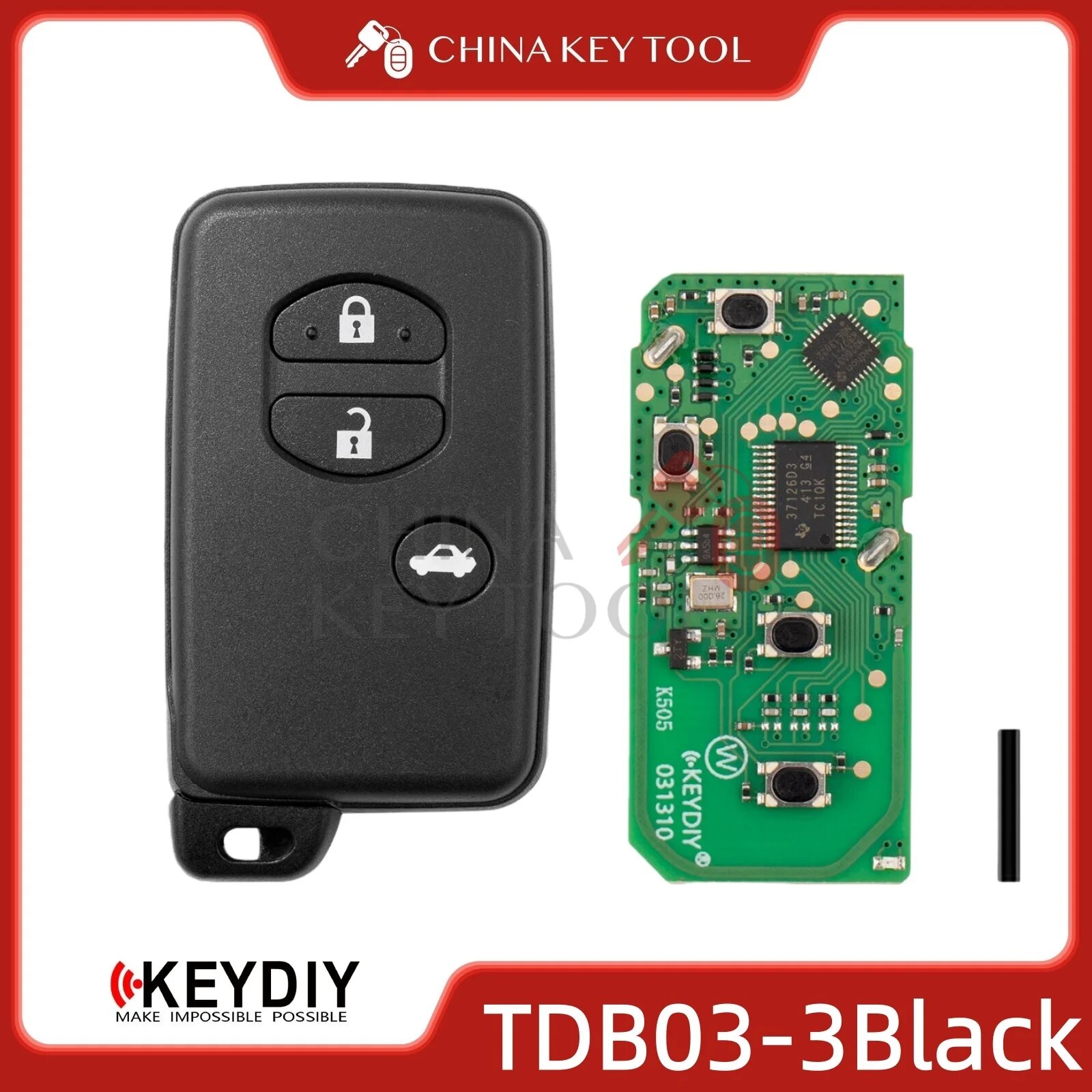 Универсальный смарт-ключ KEYDIY KD TDB03-3, 3 кнопки, черный корпус, серия TDB, совместимый с Toyota