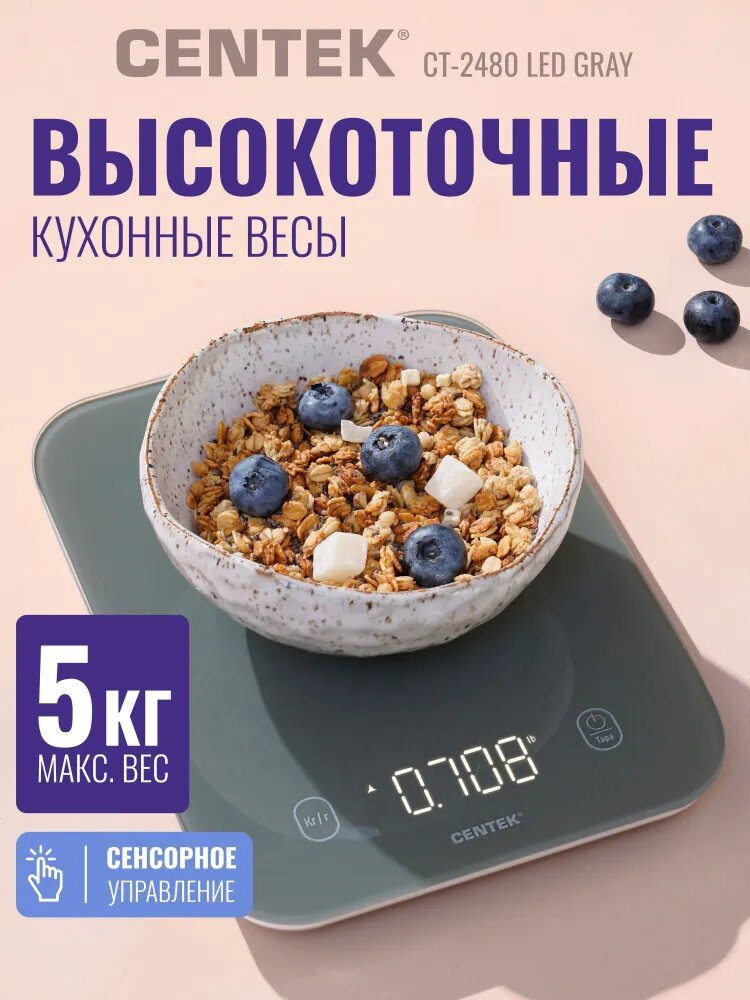 Кухонные весы электронные Centek CT-2480 LED GRAY сенсорное управление, до 5кг