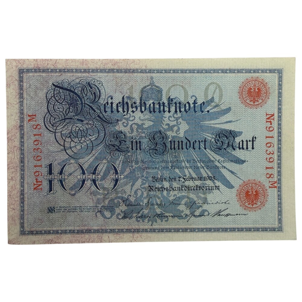 Германская империя (Германия) 100 марок 1908 г. (Красные печати)(Литера Q)(Серия M)(29 мм.) (Лот №2)