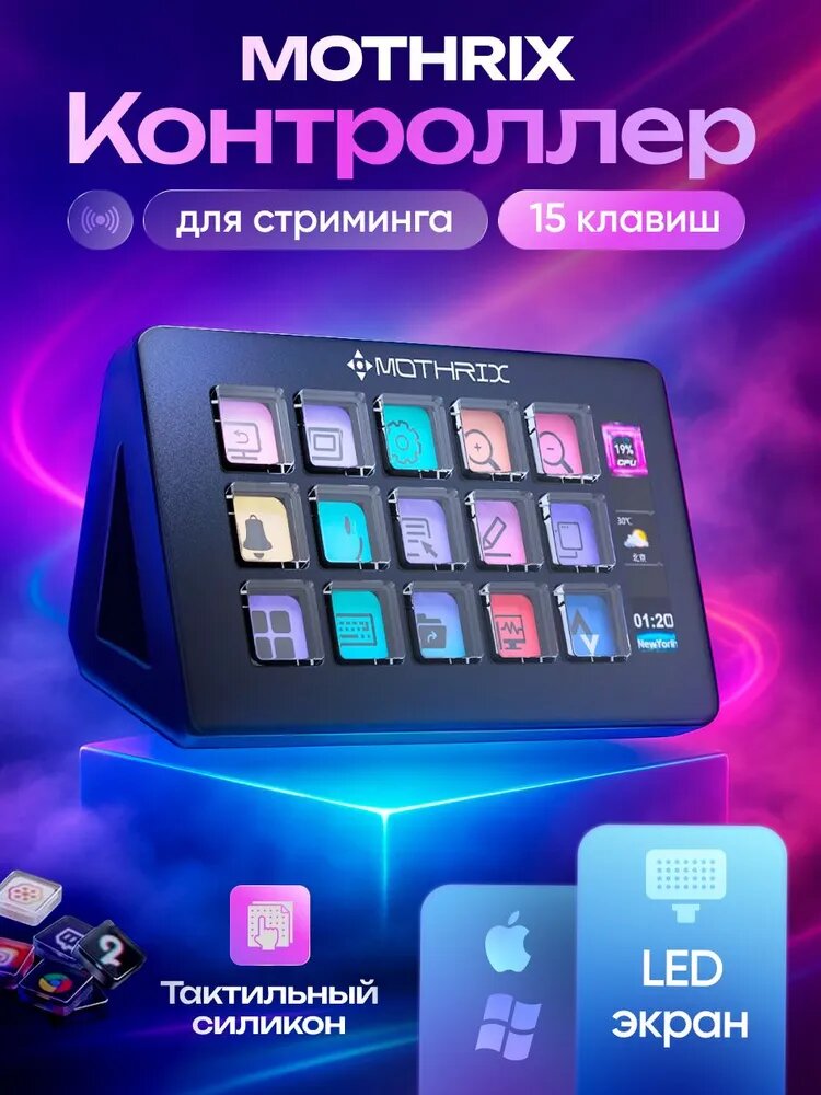 Stream deck контроллер для стриминга Mothrix 15 клавиш, LED экран с датчиками температуры