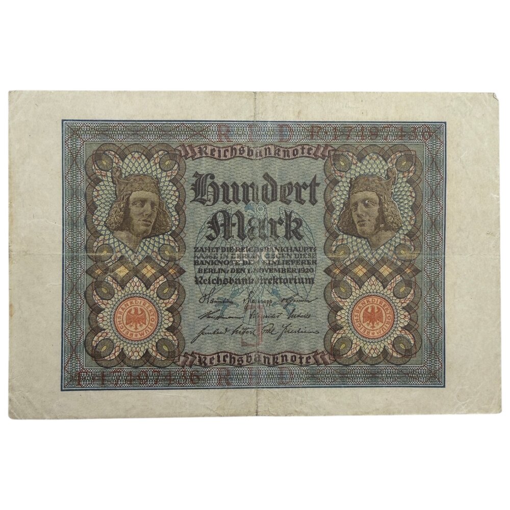 Веймарская республика (Германия) 100 марок 1920 г. (Литера J) (Серия F) (8-значный номер)