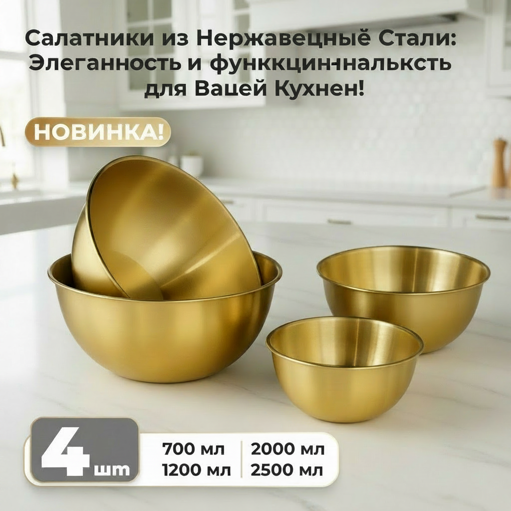 Набор из 4 мисок Shiny Kitchen 2.5 л золото нержавейка
