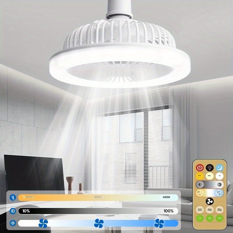 LED потолочный вентилятор-светильник, белый, с пультом ДУ, регулируемые режимы освещения и скорость ветра, таймер 1/2/4 часа, цоколь E27, для дома, автомобиля, парковки, подвала