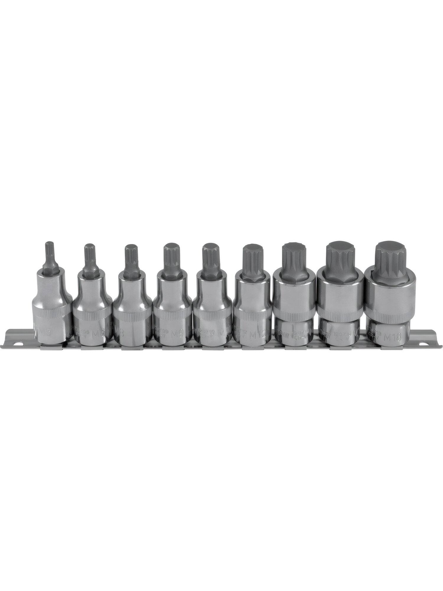 Набор насадок торцевых 1/2"DR с вставками-битами SPLINE на держателе, M5-M18, 9 предметов Ombra 912779