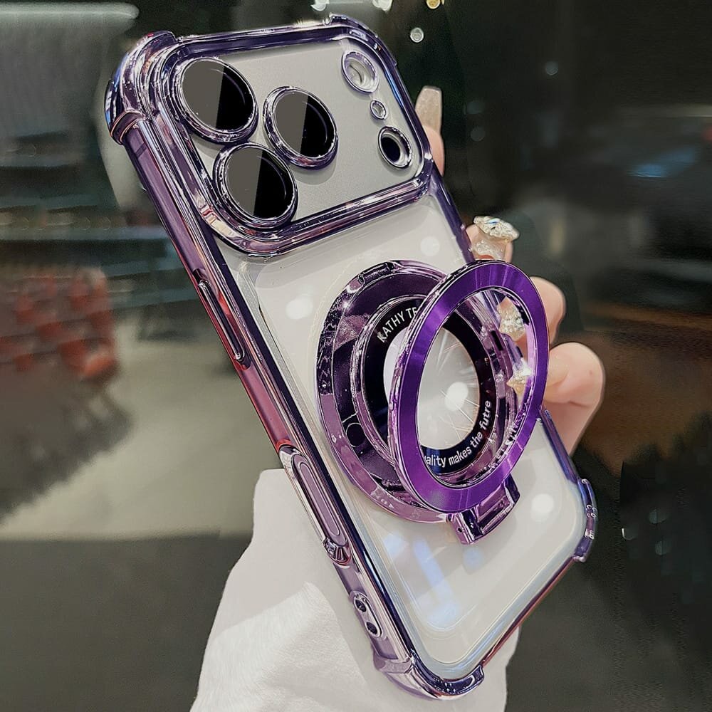 Чехол для iPhone 11 прозрачный акриловый с магнитным держателем, поддержка беспроводной зарядки, ударопрочный, фиолетовый