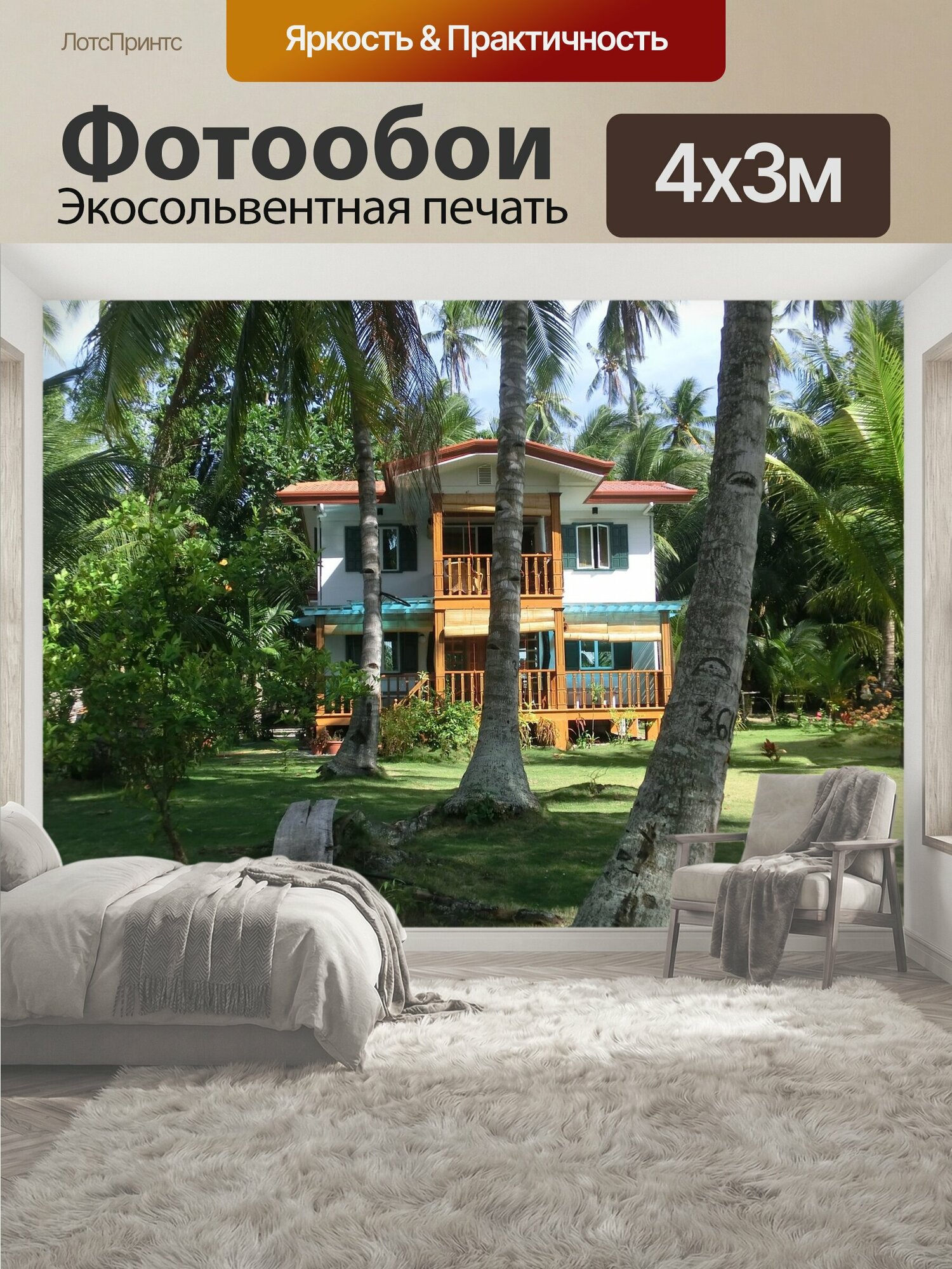 Фотообои "Дом, филиппины, пальмы" 400x300 см. экосольвентная печать