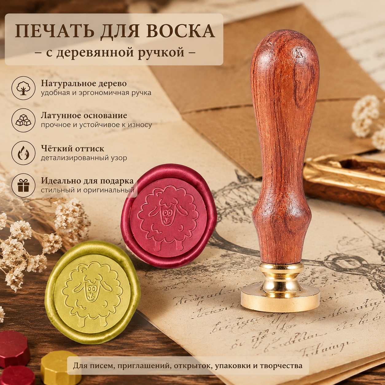 Набор из 1 шт. латунных штампов для скрапбукинга с восковой печатью и деревянной ручкой, овца, золотистая, 8,9 x 2,5 см. Штампы: 25 x 14,5 мм.