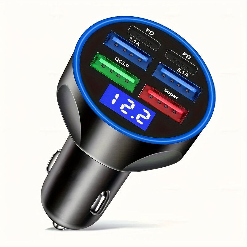 Автомобильное зарядное устройство USB-C с LED-дисплеем напряжения, 6 портов PD и QC3.0, охлаждающая подсветка, 12V/24V, для телефонов и планшетов