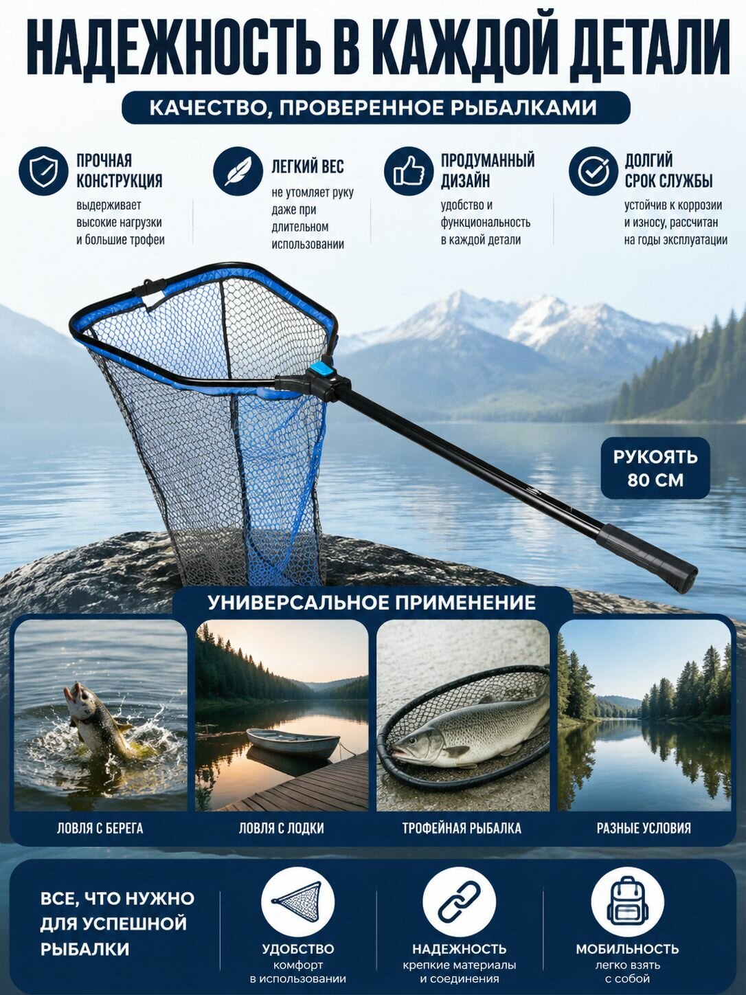 Подсачек складной Narval Fishing Compact 2 (диагональ) 60x50x75cm с2x2cm h80cm #Black&Blue