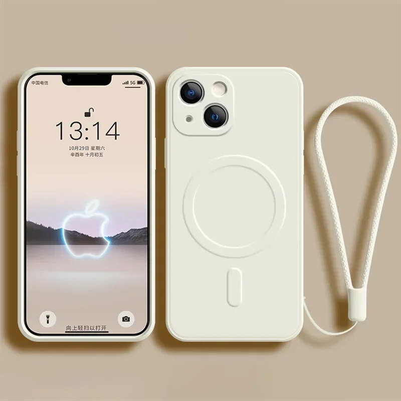 Чехол для iPhone 13 Pro из жидкого силикона, с магнитным ремешком-шнурком, белый, поддержка беспроводной зарядки