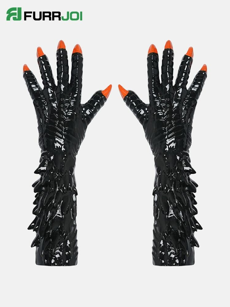 Furrjoi Длинные силиконовые перчатки-лапы дракона Silicone Dragon Scale Claw Gloves, черная чешуйчатая текстура, когти двух расцветок для фурсьют косплея