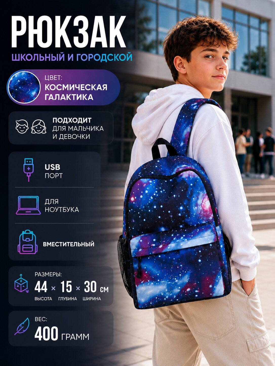 Рюкзак школьный подростковый городской с USB для ноутбука 16"