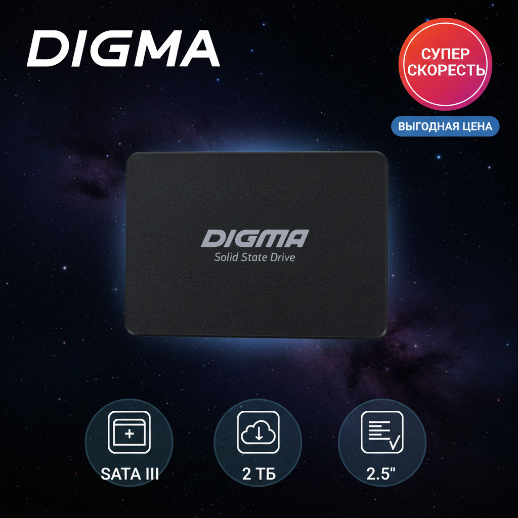 Digma 2 ТБ Внутренний SSD-диск Run S9 SATA III 2.5", 2.5", SATA III (DGSR2002TS93T)